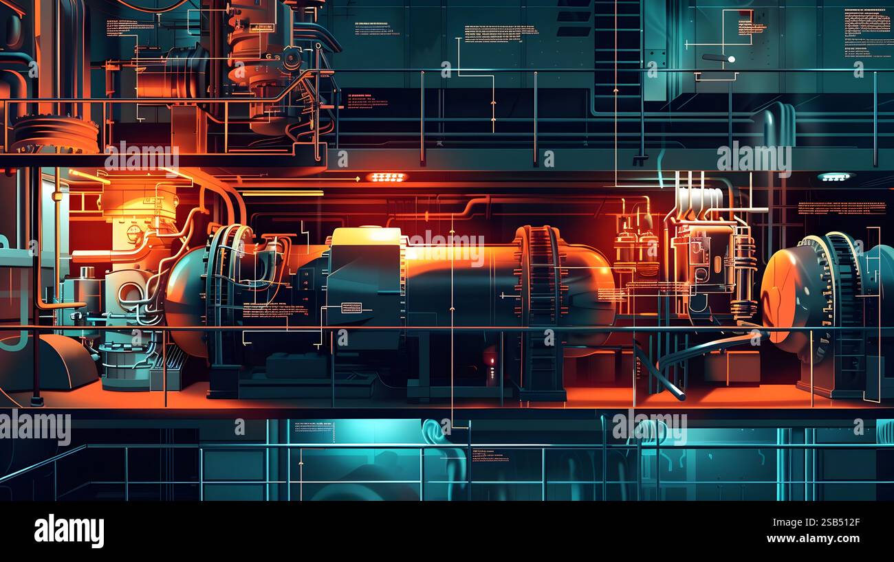 This technical meticulously details the engine room of a cargo ship ...