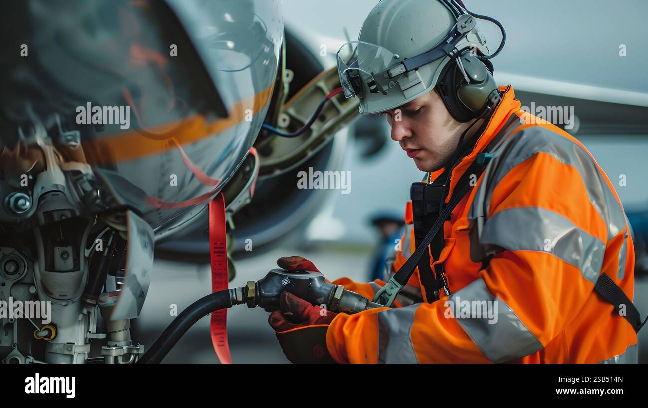 A focused ground crew member, dressed in safety gear, carefully handles ...