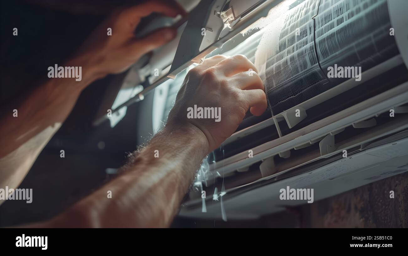 A close-up view of hands carefully removing a clogged air filter from a ...