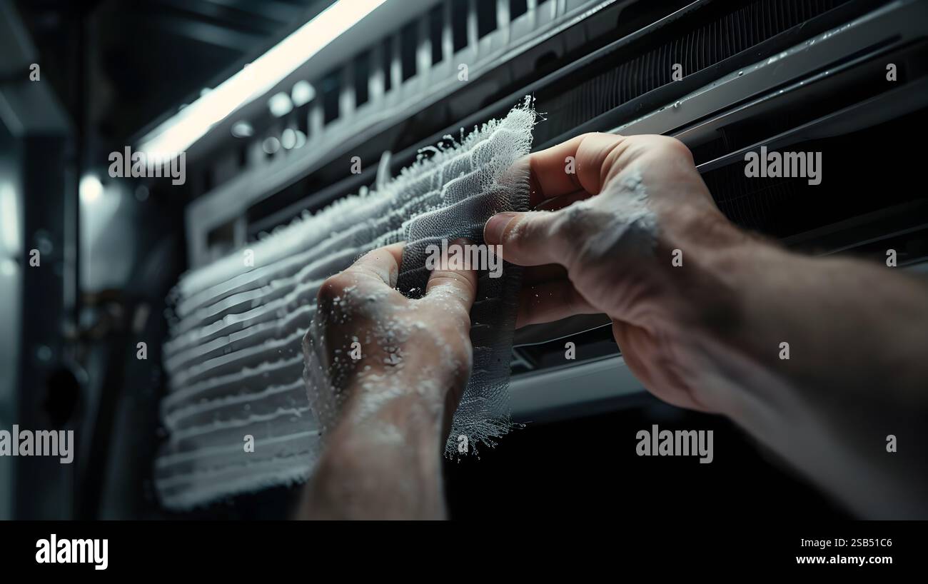 A close-up view of hands removing a clogged air filter from a ...
