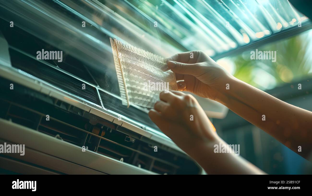 A close-up view of hands removing a clogged air filter from a ...