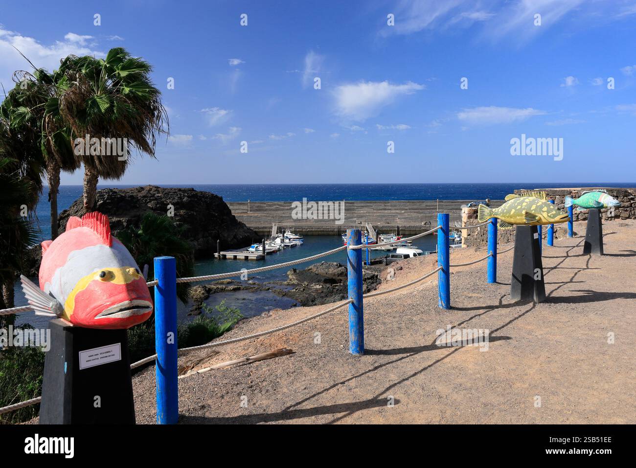 Sculptures of fish above the fishing harbour, El Cotillo, Fuerteventura ...
