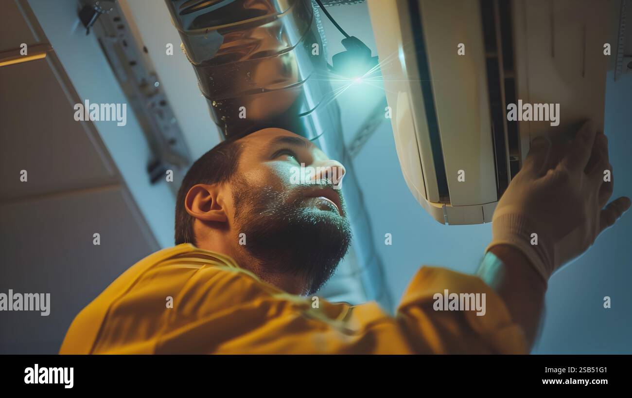 A technician is seen from an over-the-shoulder view, carefully ...