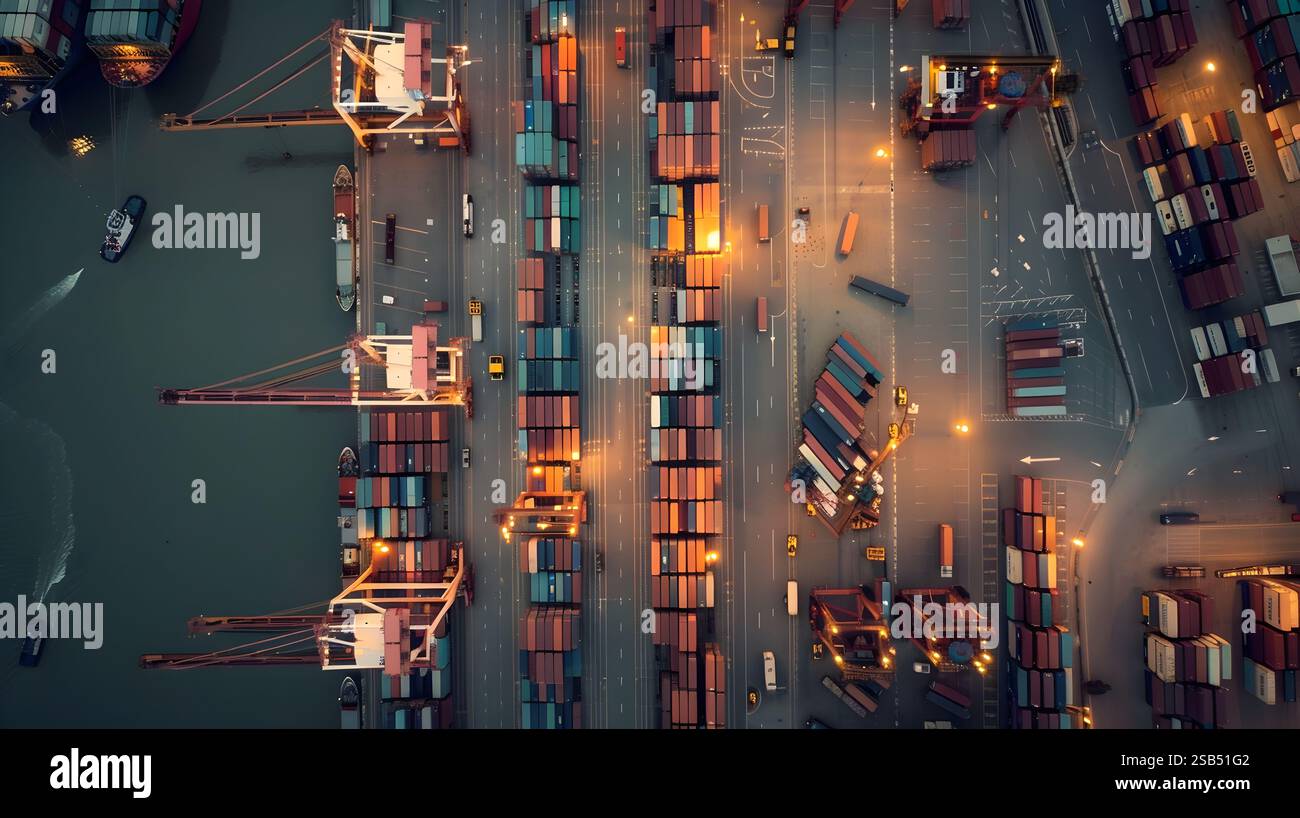 An aerial view of a major port showcases the complex global supply ...
