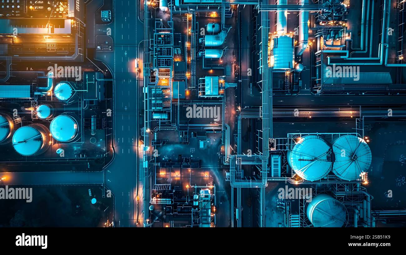 This aerial view showcases a smart manufacturing plant managed by ...