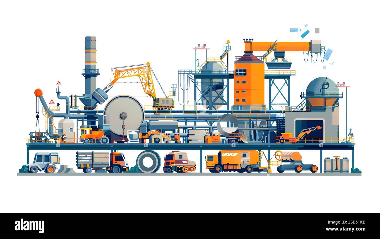 This image captures a full production cycle in a heavy machinery ...