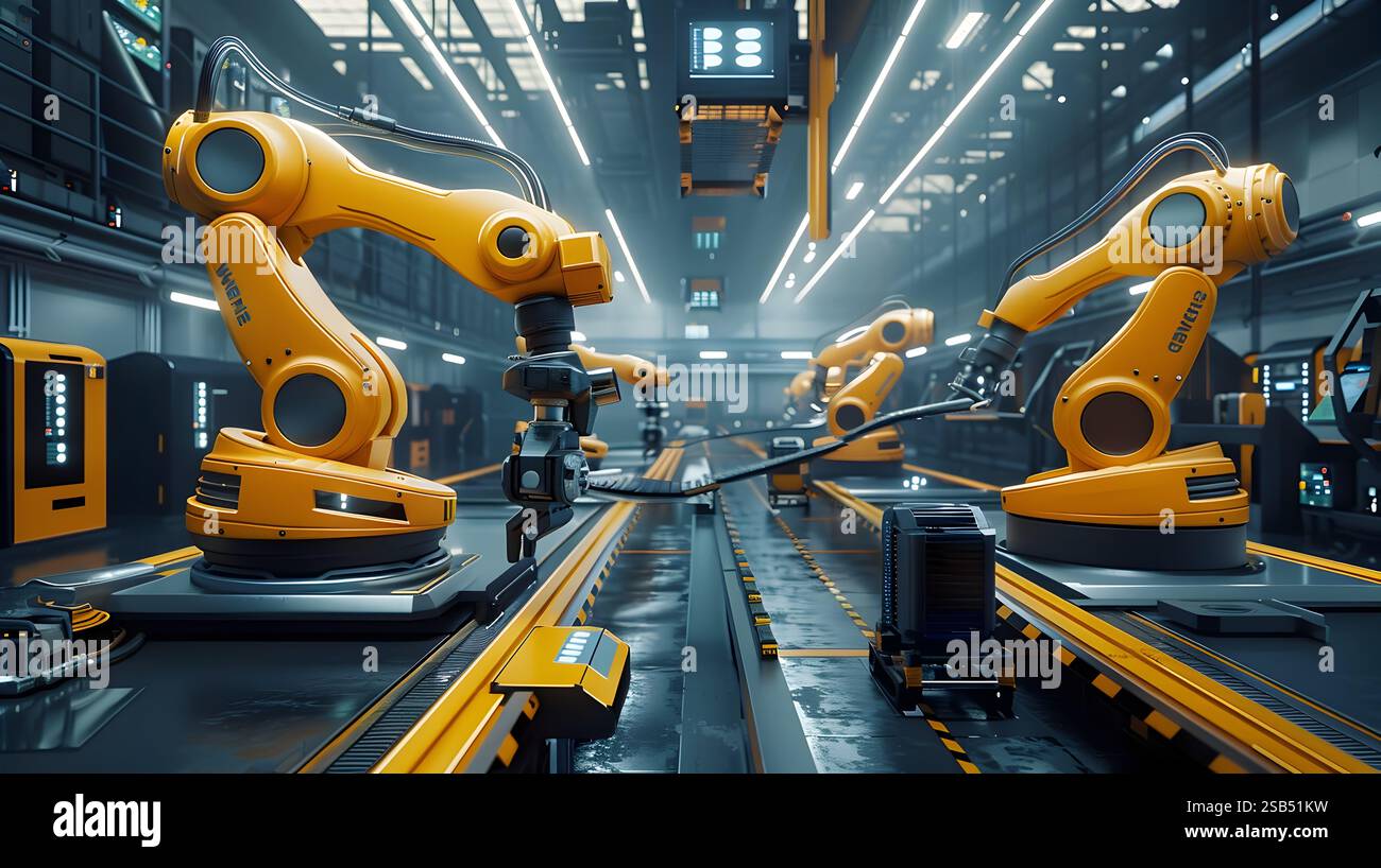A concept art depiction of a machinery industry facility where autonomous robots handle ...