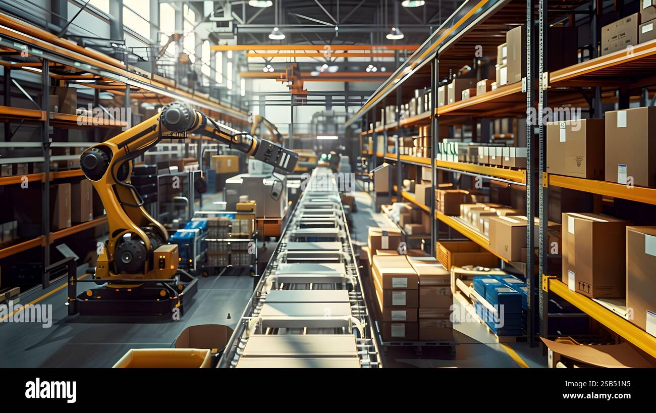 A sweeping view of a fully automated packaging line in a modern factory ...