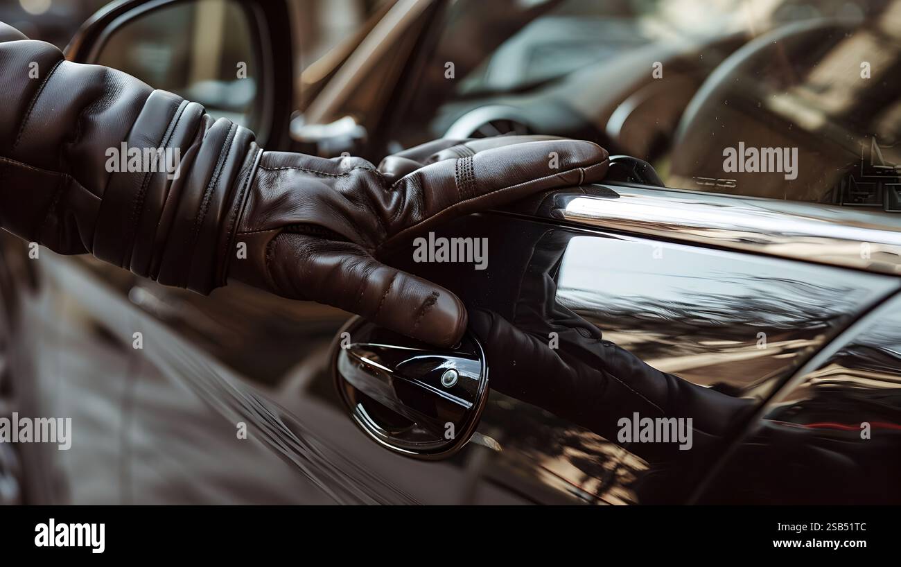 A gloved hand, covered in leather, grips the sleek handle of a luxury ...