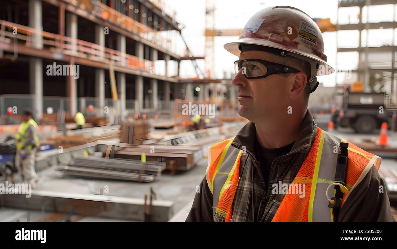 A construction worker, donning a hard hat, safety goggles, and a ...