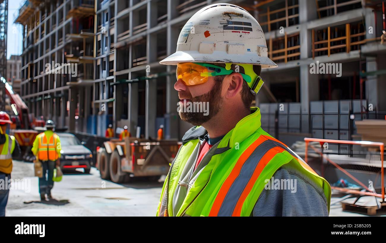 A construction worker, donning a hard hat, safety goggles, and a ...