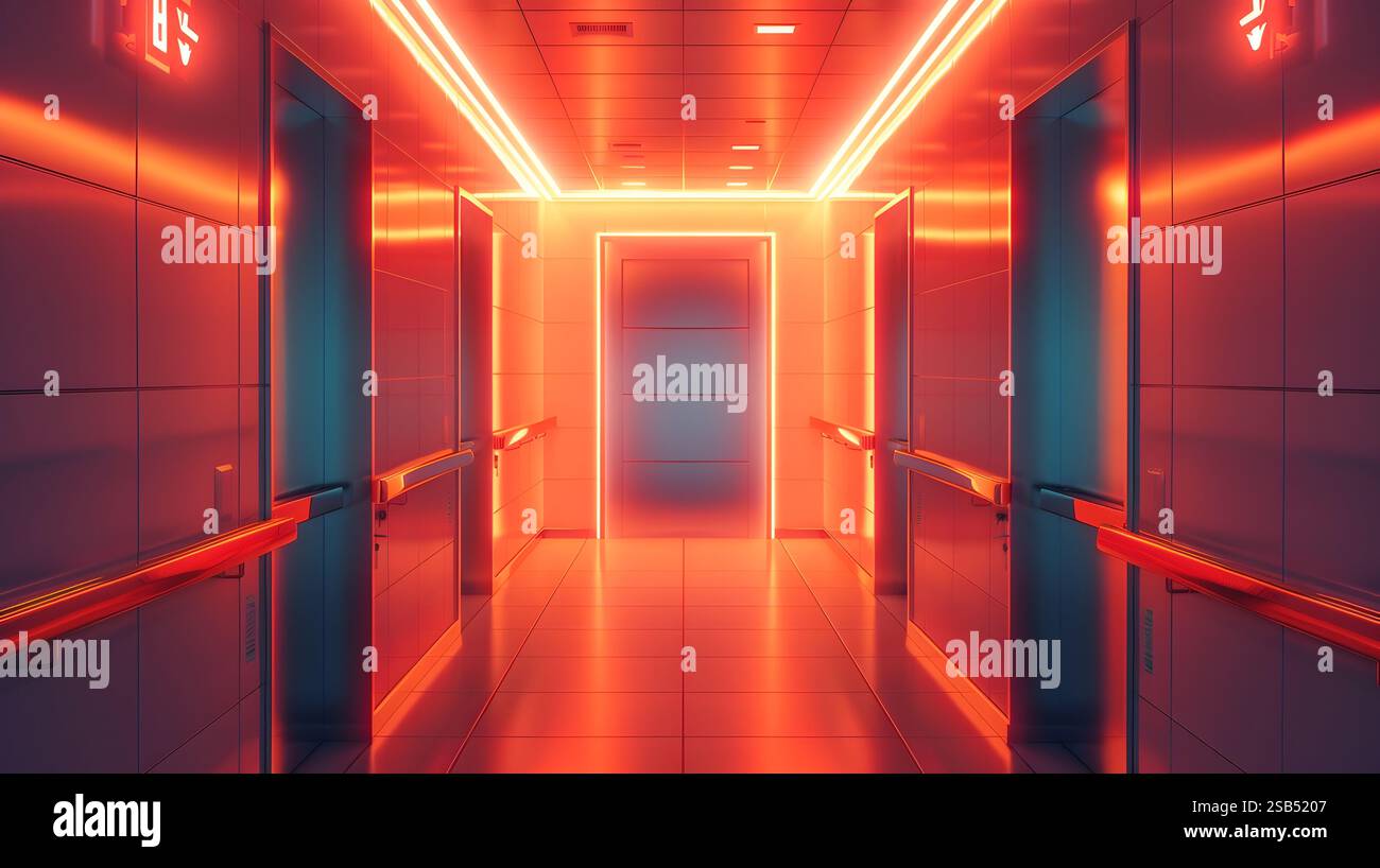 A carefully illustrated emergency exit route in a contemporary office ...