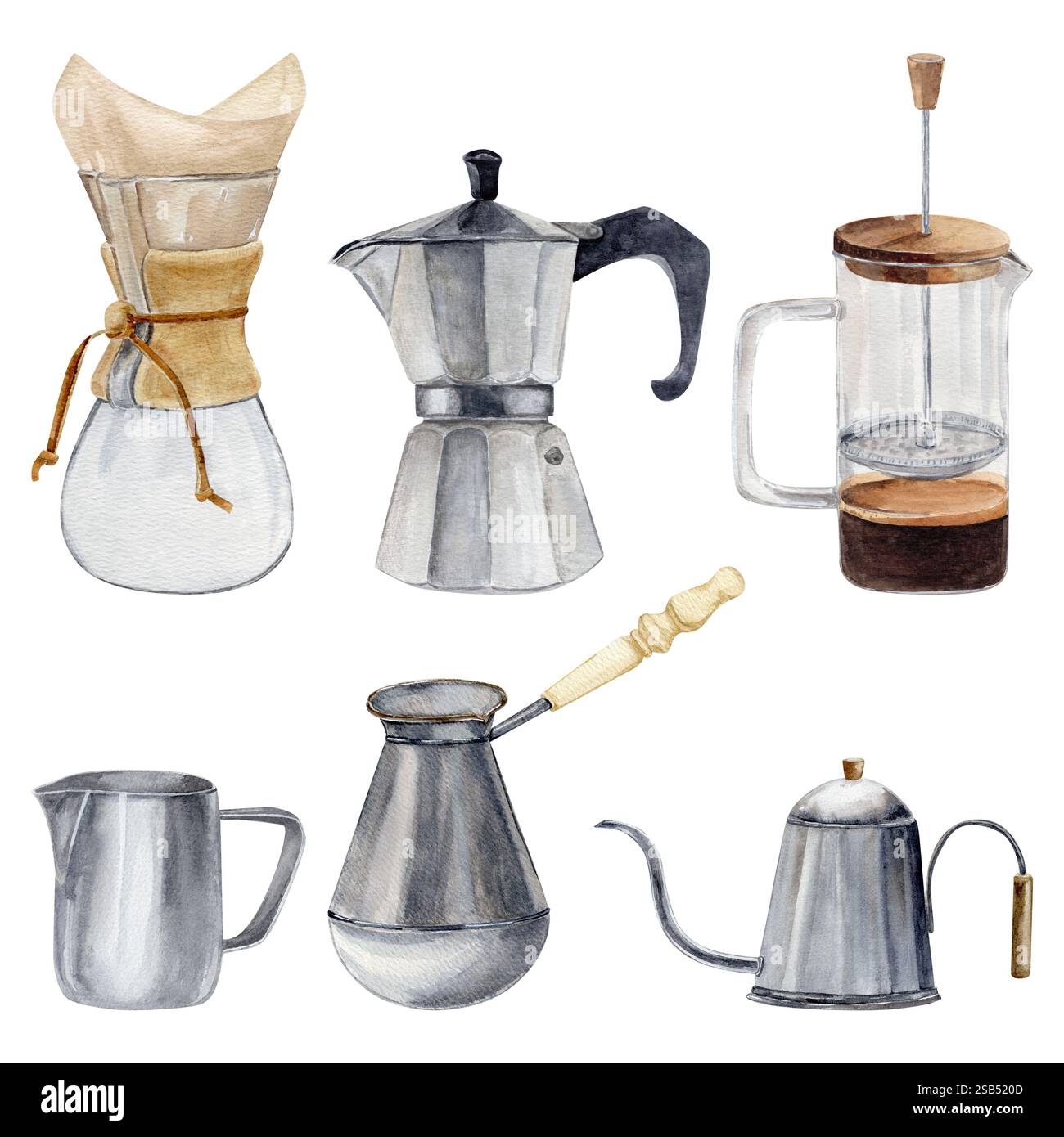 Watercolor set with pouruver coffee, geyser metal coffee maker, glass ...