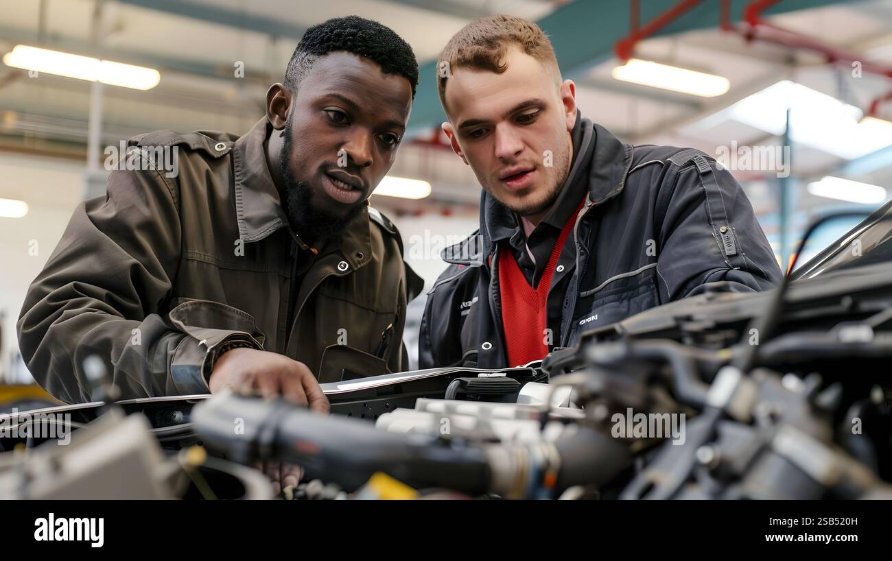 A seasoned mechanic, passionately pointing to specific parts of a car ...