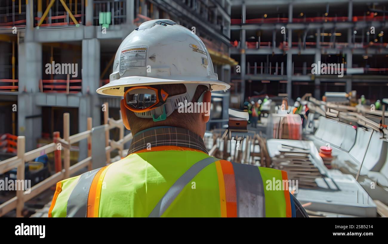A construction worker, donning a hard hat, safety goggles, and a ...