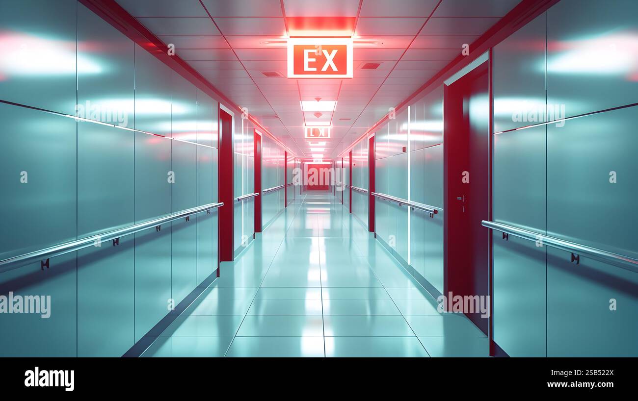 This detailed of a modern office building's emergency exit route ...