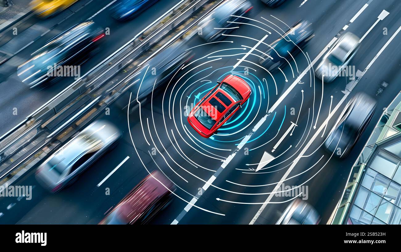 Aerial view of a car equipped with sophisticated safety features such ...