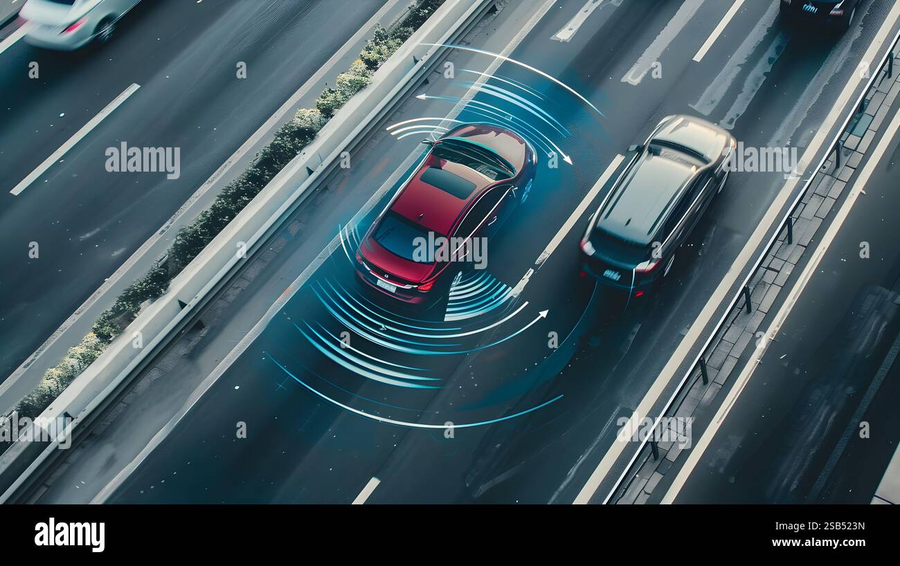 Aerial view of a car equipped with cutting-edge safety features, such as automatic braking and ...