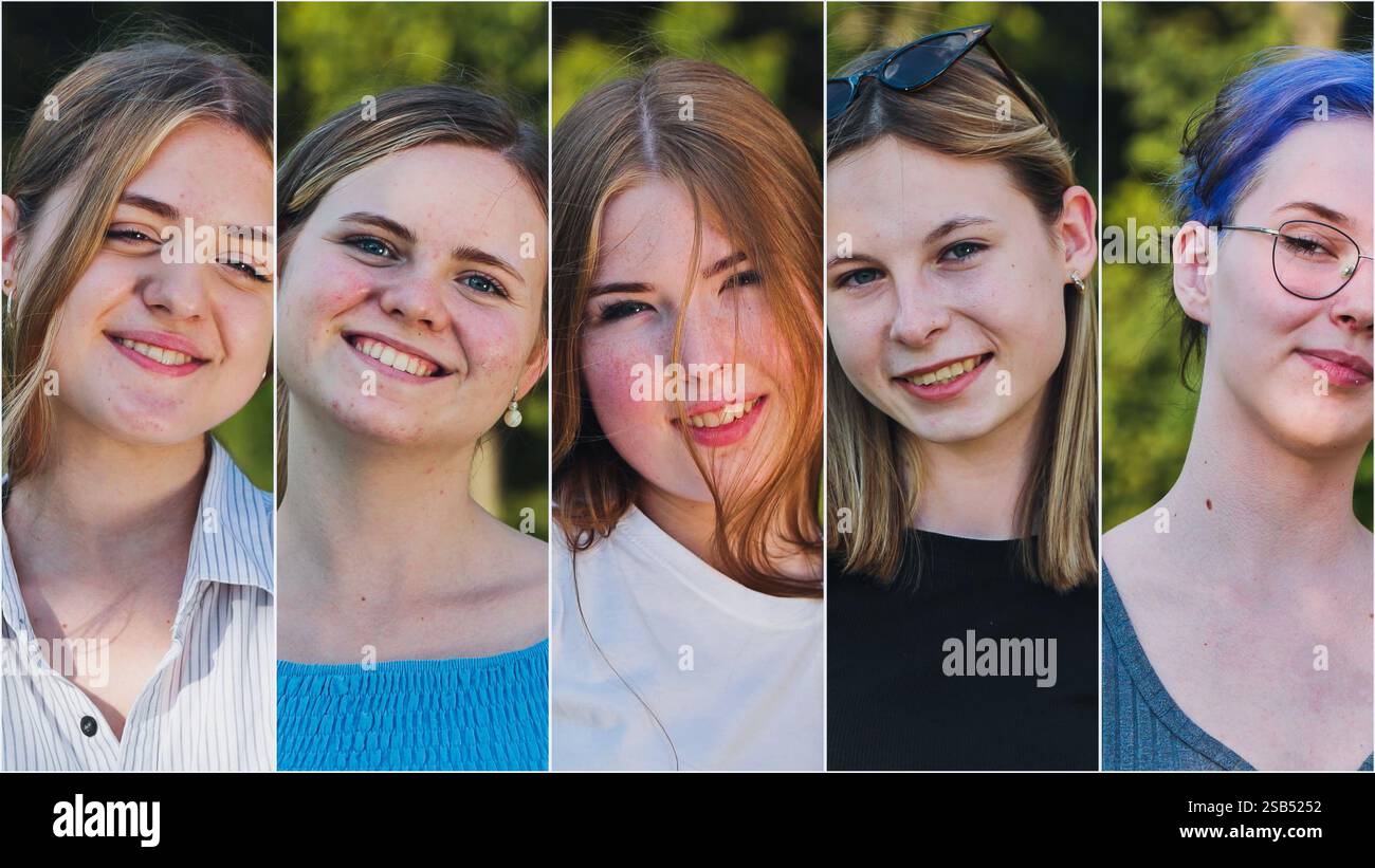 Five diverse young women, possibly classmates or school friends, are ...