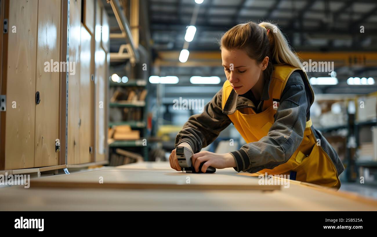 A control inspector, positioned in a well-lit section of a furniture ...