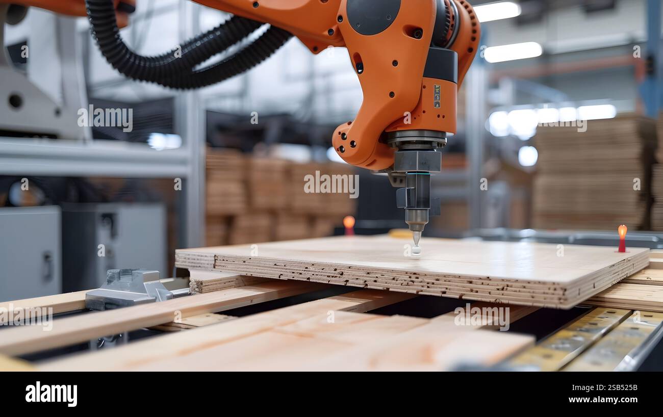 A robotic arm is showcased in this image, applying adhesive to wooden ...