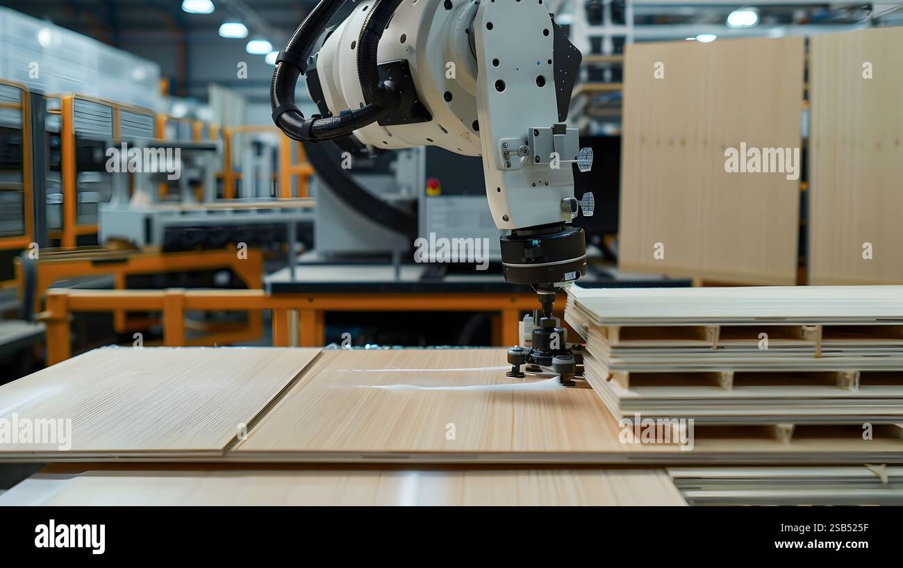 This image showcases a robotic arm applying adhesive to wooden panels ...