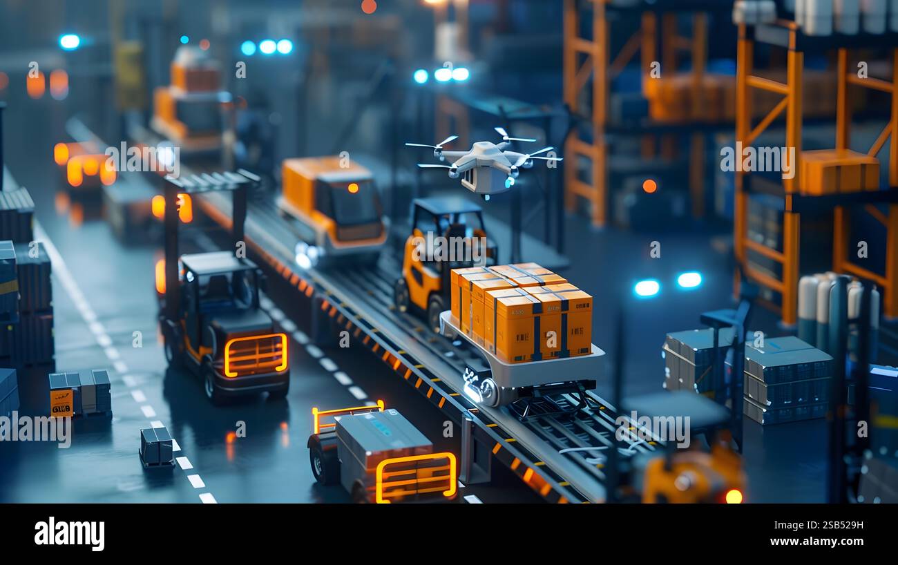 This high-angle view of an AI-controlled logistics hub highlights the ...