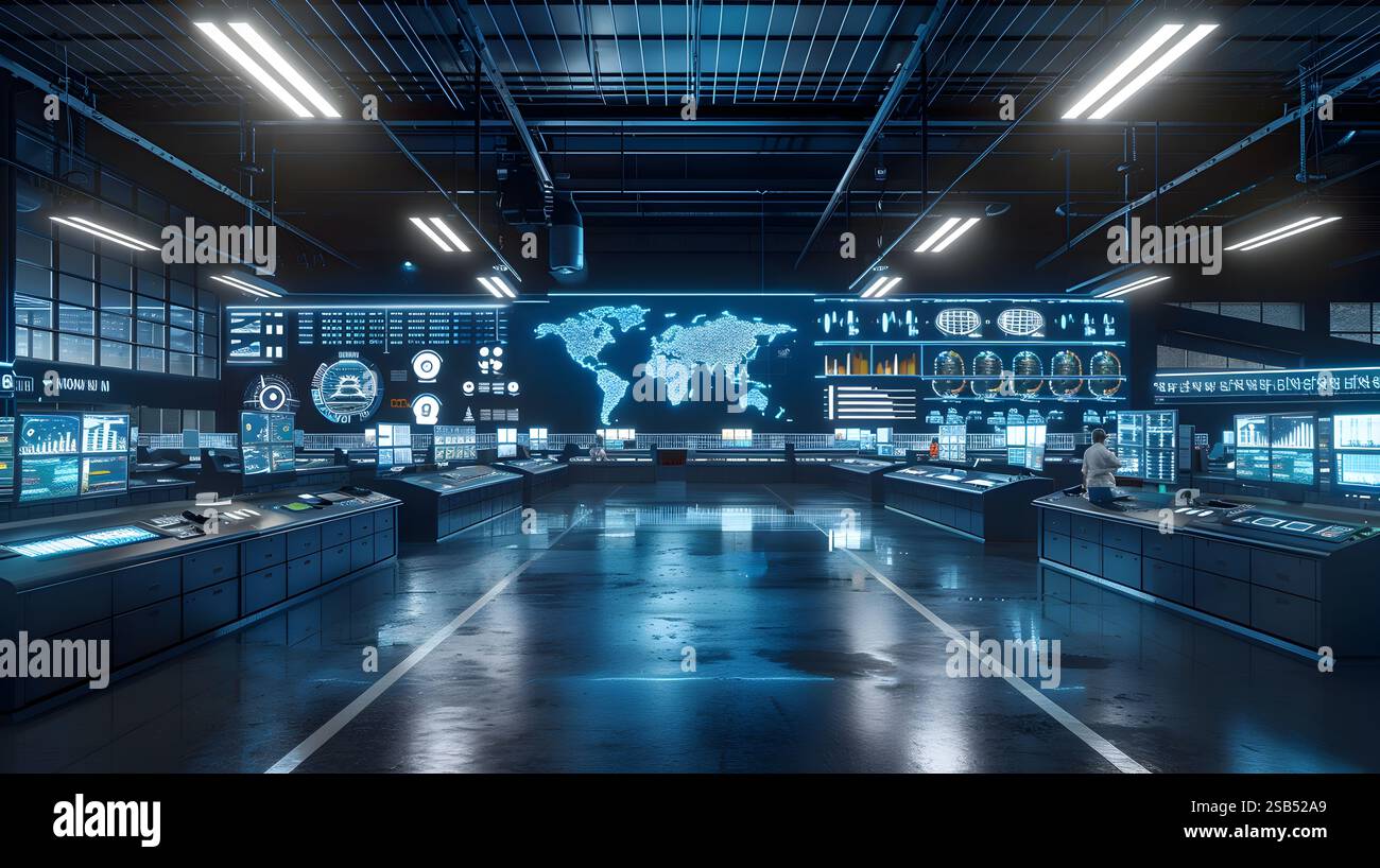 This image showcases a modern, high-tech factory's central control room ...