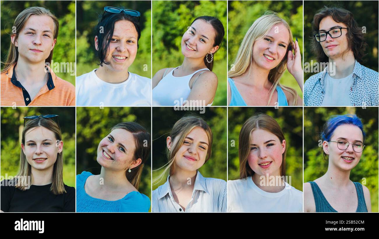 Ten young students are posing together for a yearbook photo, smiling ...