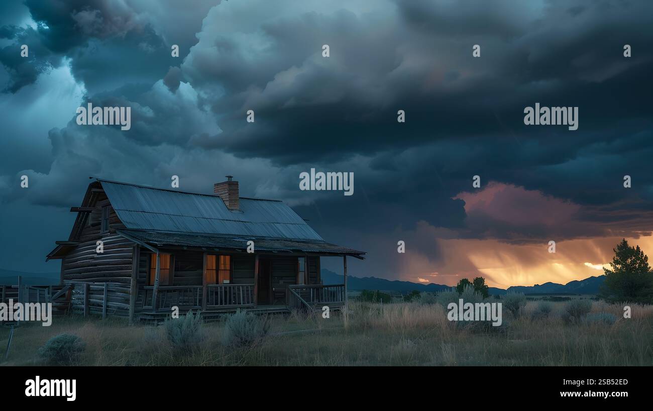 A rustic cabin stands alone amidst the intense gusts of a stormy twilight, enveloped by dramatic ...