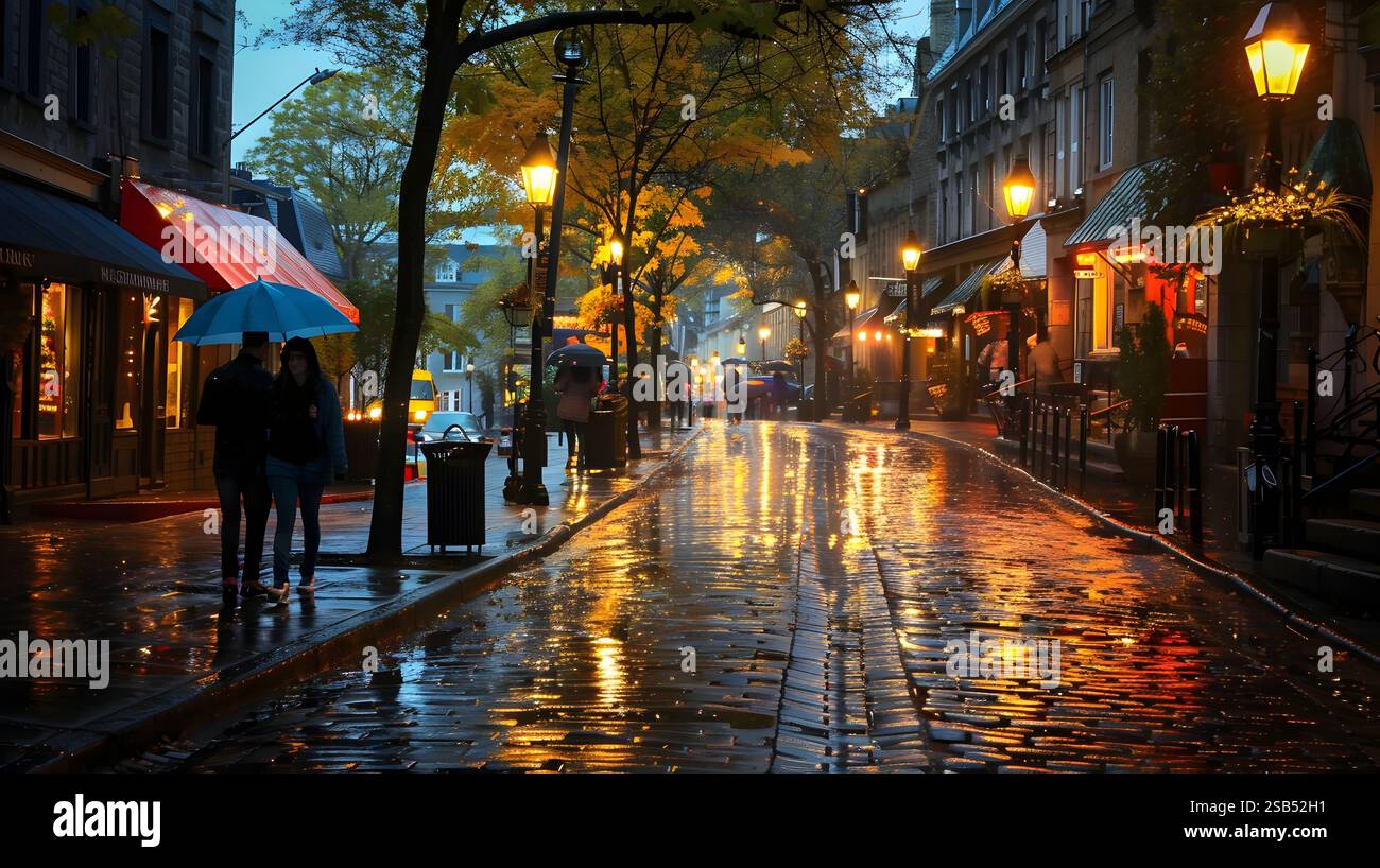 A peaceful cityscape at dusk, where rain softly falls on wet ...