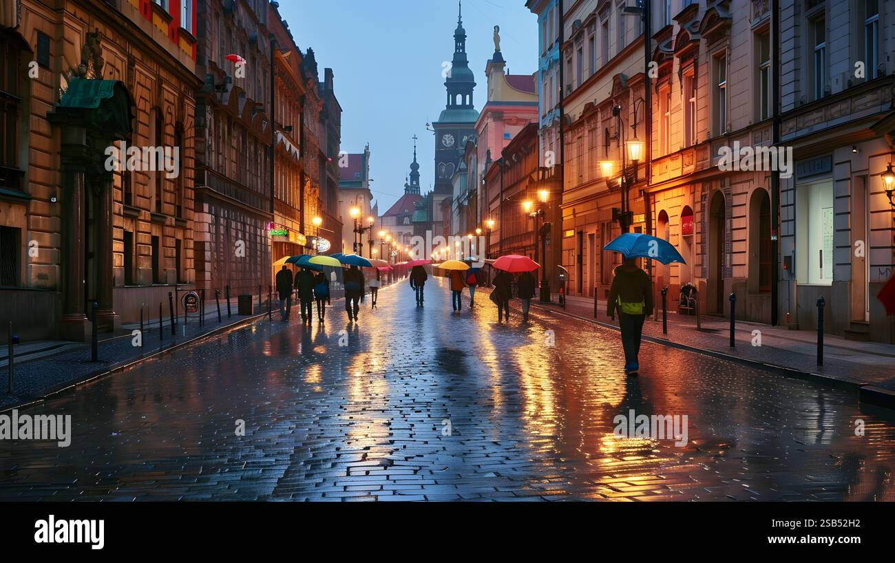 A peaceful cityscape at dusk, as a gentle drizzle falls and ...