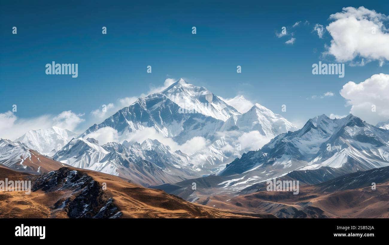 A high-altitude mountain landscape reveals gusty winds whipping snow ...