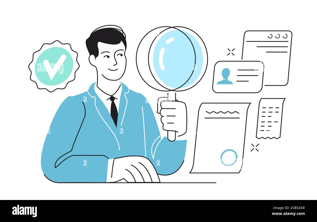 Document verification, inspection with magnifying glass. Quality ...