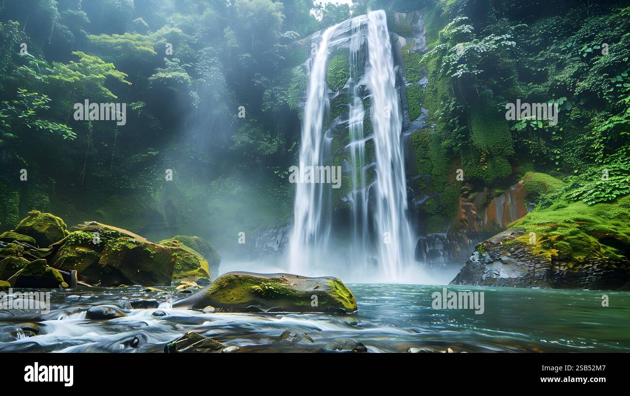 A powerful and rejuvenating majestic waterfall cascades down rugged ...