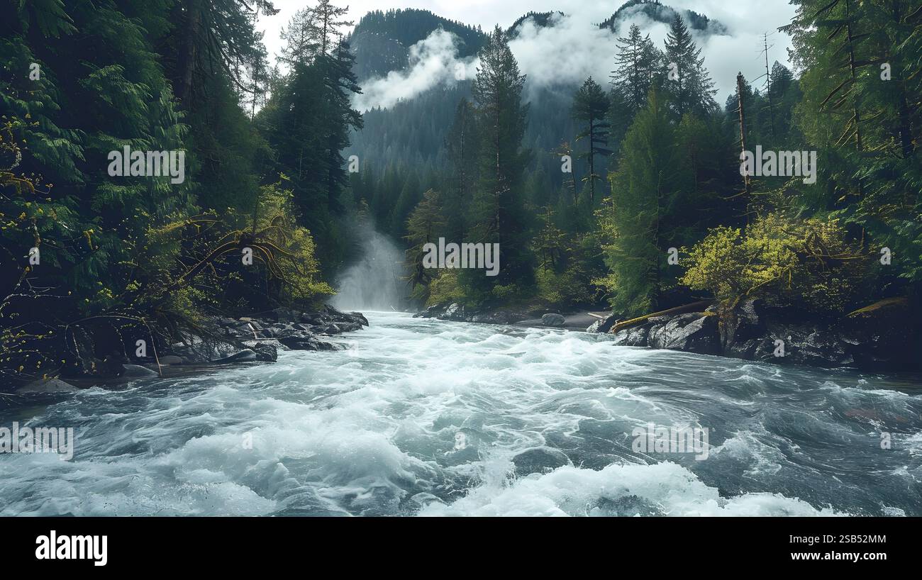 A breathtaking scene of dynamic river rapids rushing through a lush ...