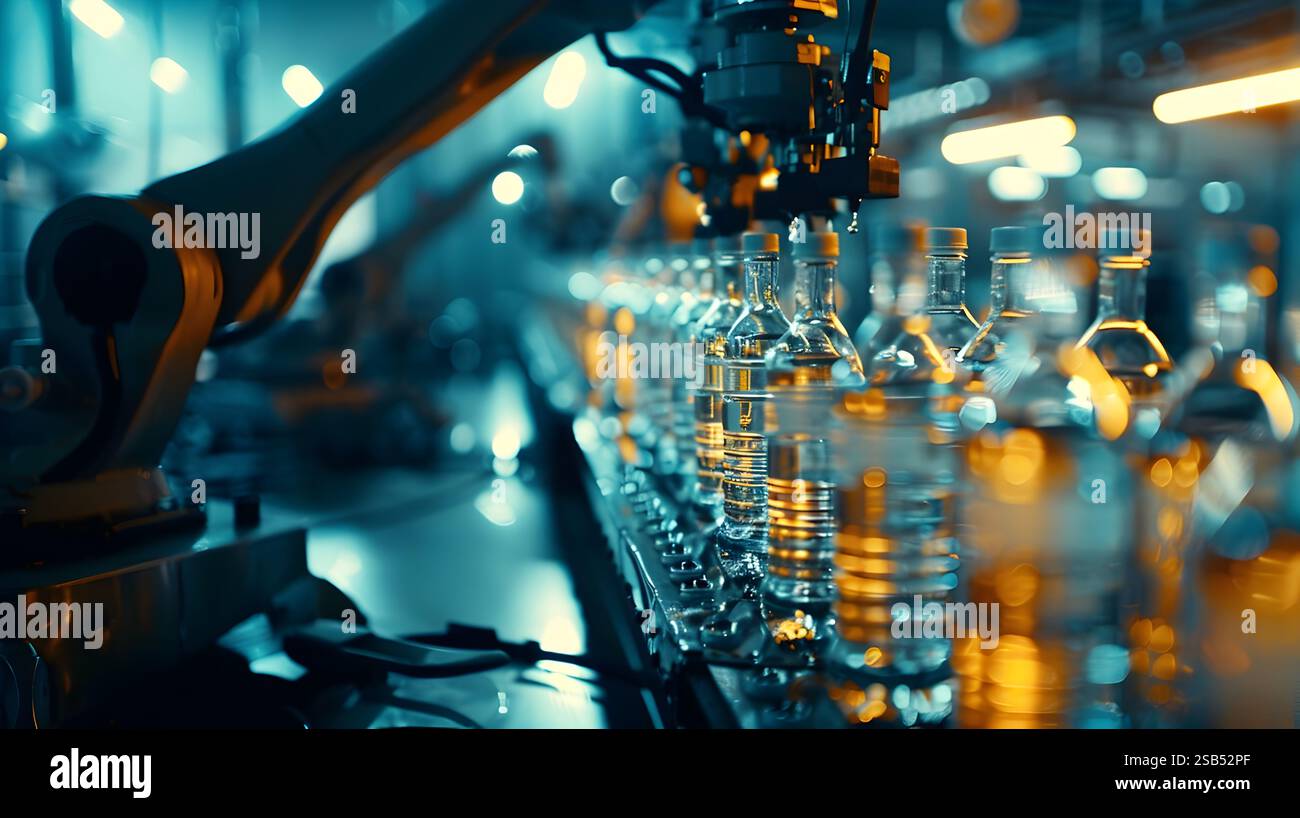 A dynamic evening view of a water bottling factory showcases an ...