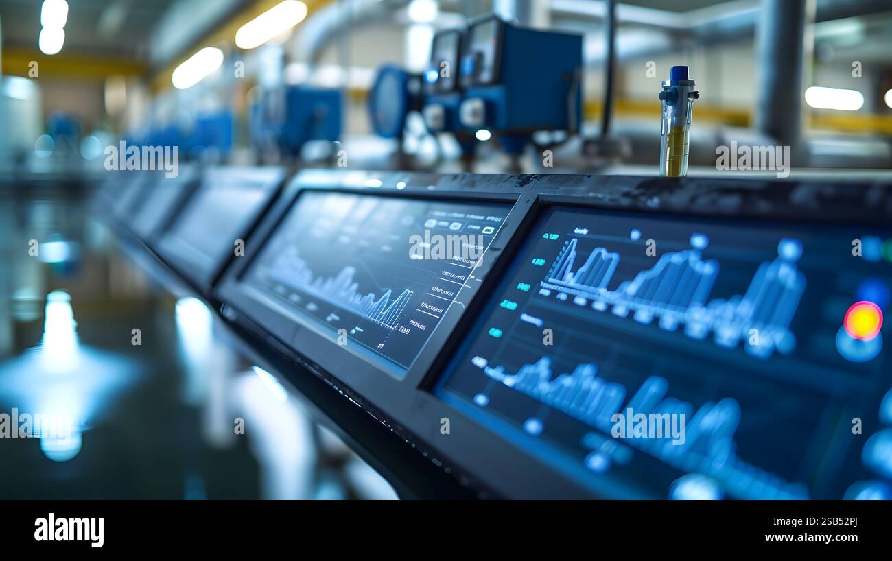 A close-up view of a high-tech monitoring dashboard in a water ...