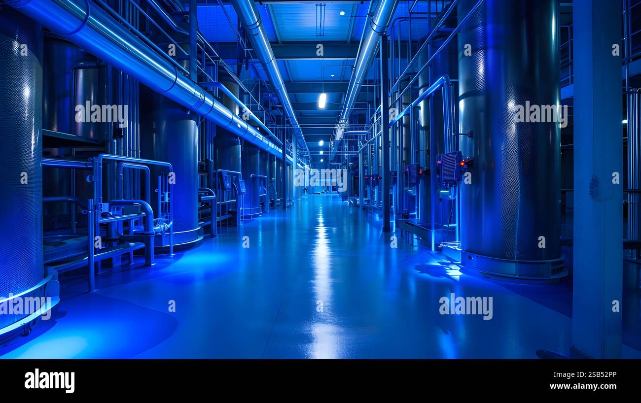 A futuristic water treatment facility showcasing gleaming steel pipes ...