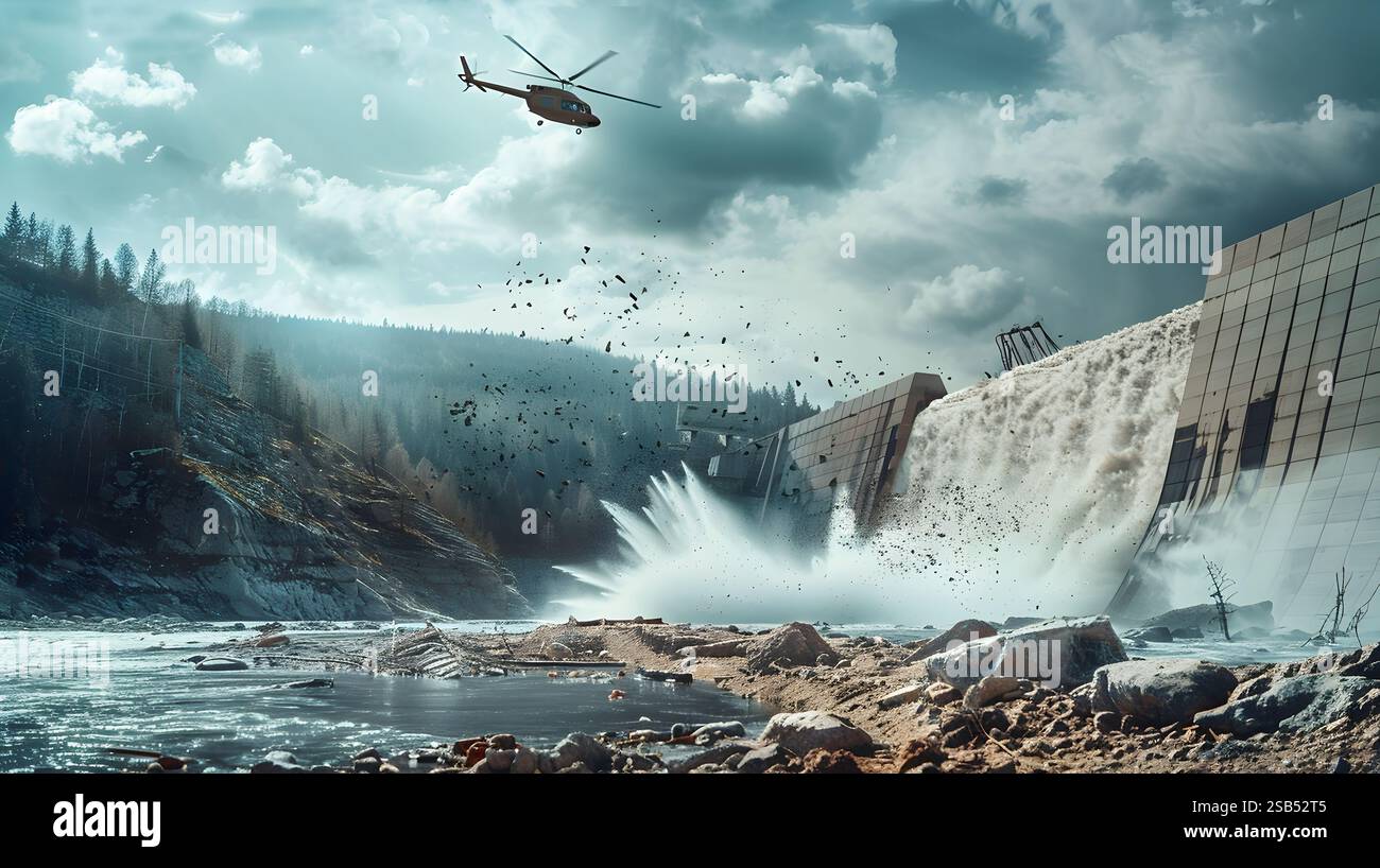 A striking scene of an emergency response unfolds at a breaking dam ...
