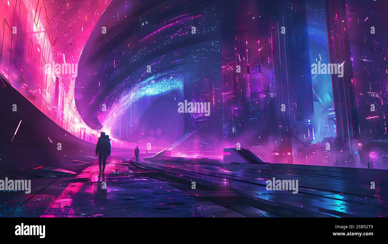 This concept art showcases a futuristic dam, equipped with neon lights ...