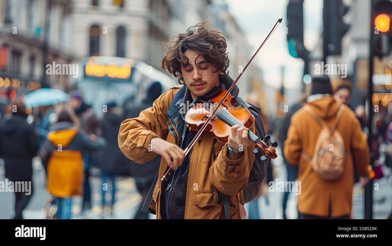 A gifted young busker takes center stage on a bustling city street ...