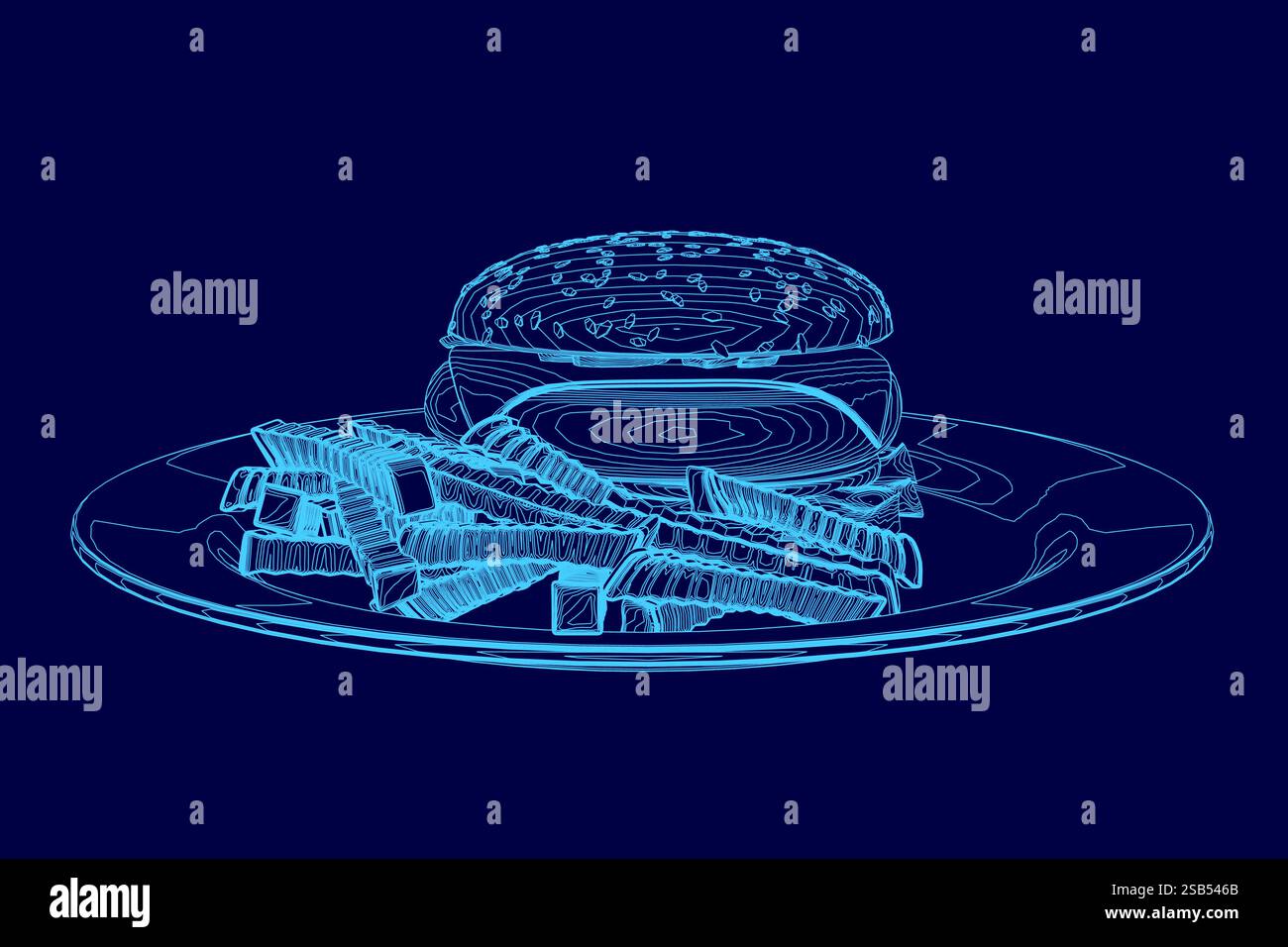 Blue image of a burger and fries on a plate. The burger is on the right ...