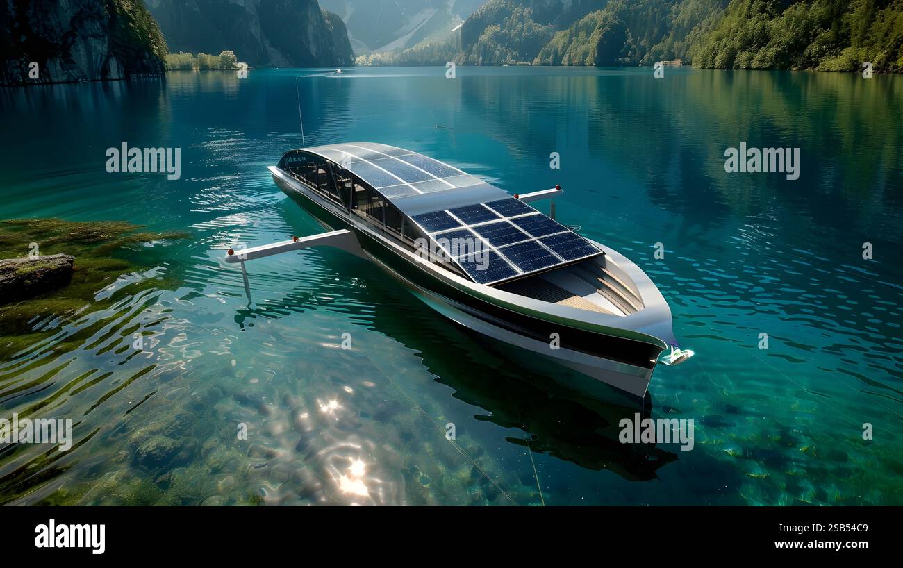 A sleek solar-powered boat moves silently across a calm blue lake, its ...