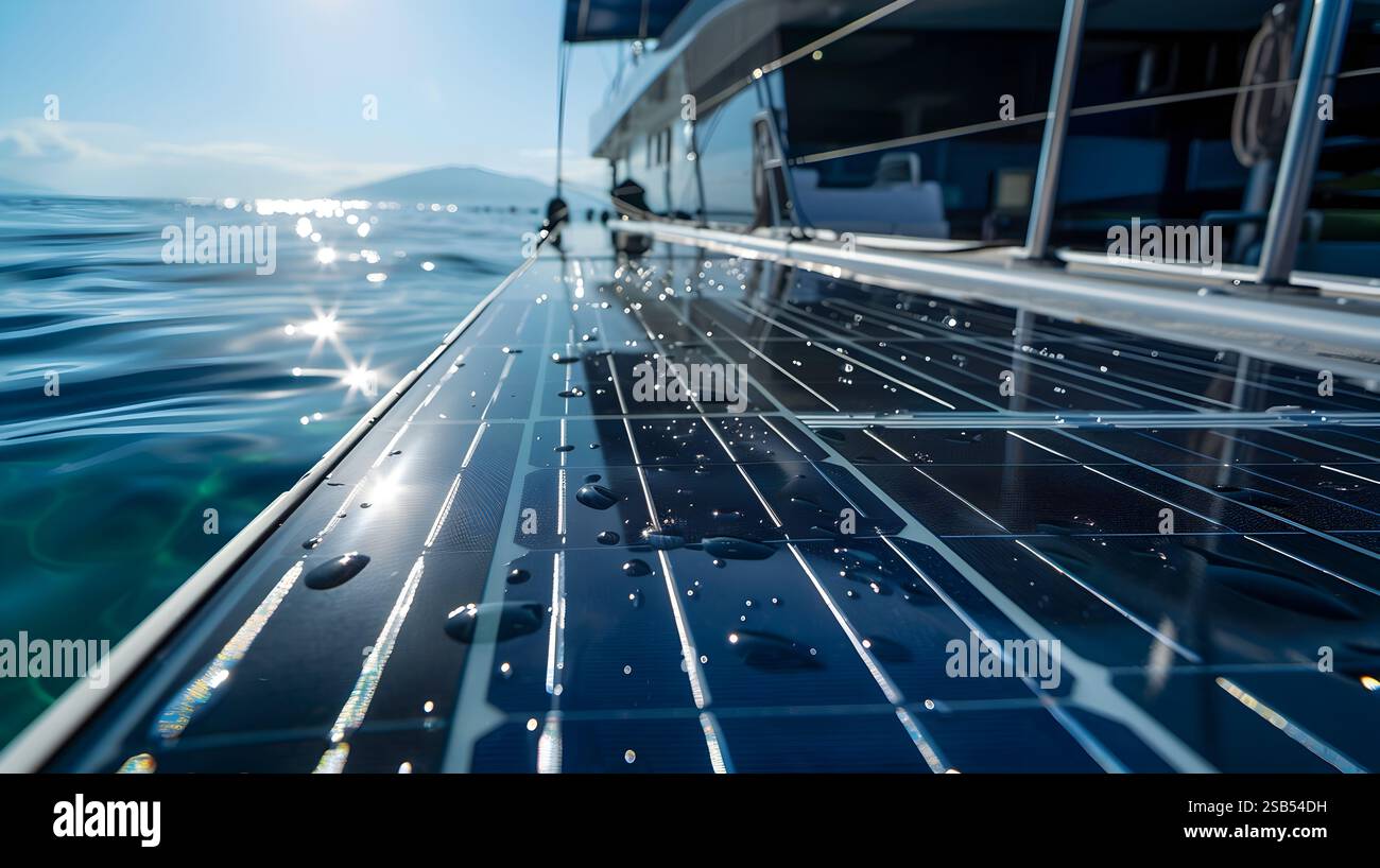 A detailed close-up of a solar panel array on a boat deck showcases the ...