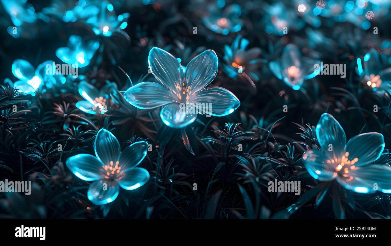 In this surreal scene, a collection of bioluminescent flowers emit soft ...