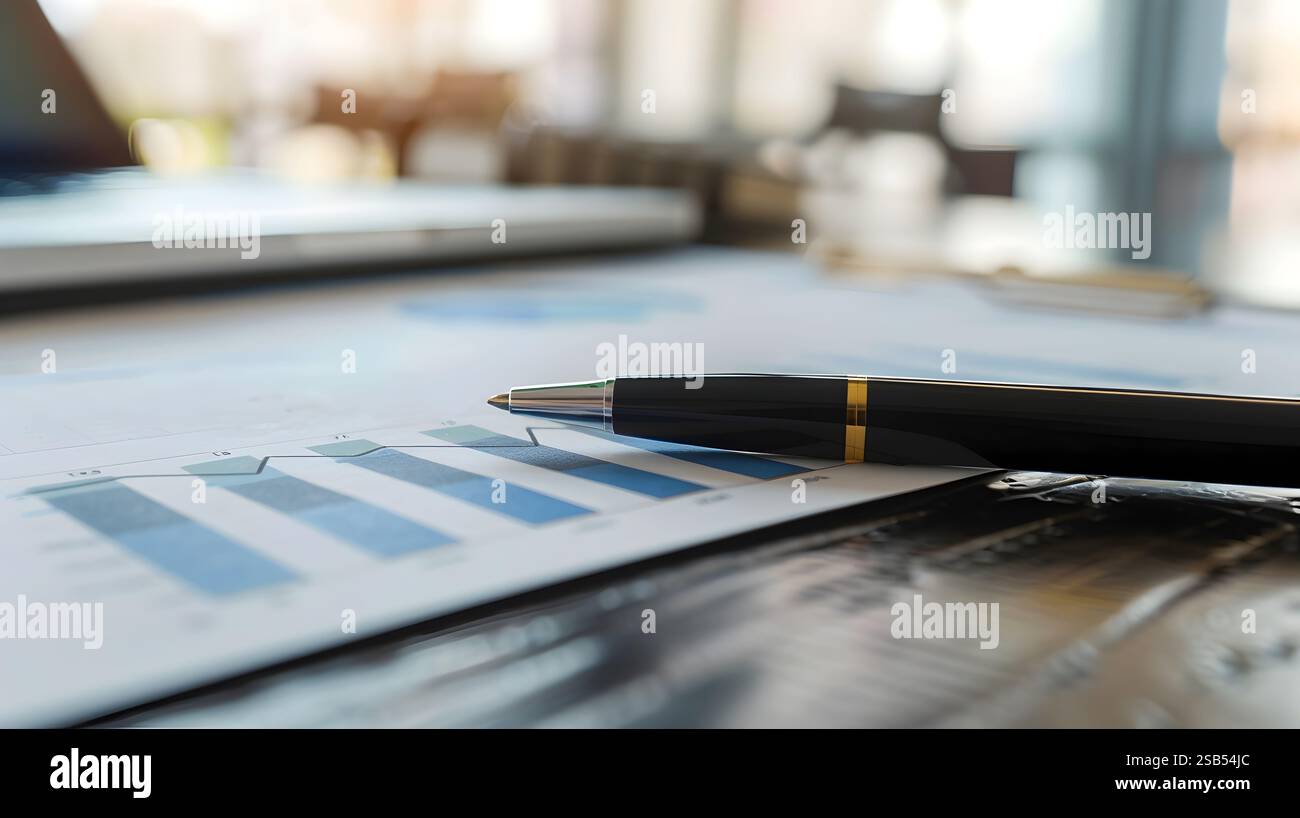 A sharp image of an elegant pen pointing at key metrics on a market ...