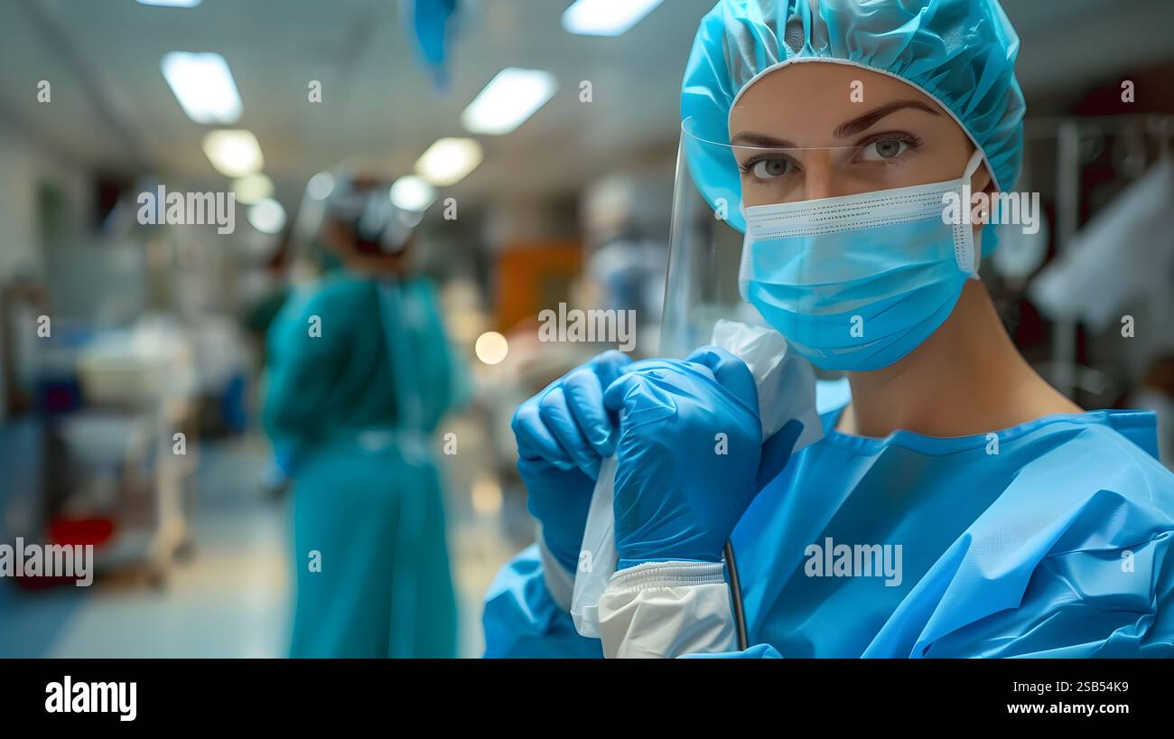A dedicated nurse demonstrates the correct way to wear a surgical mask ...