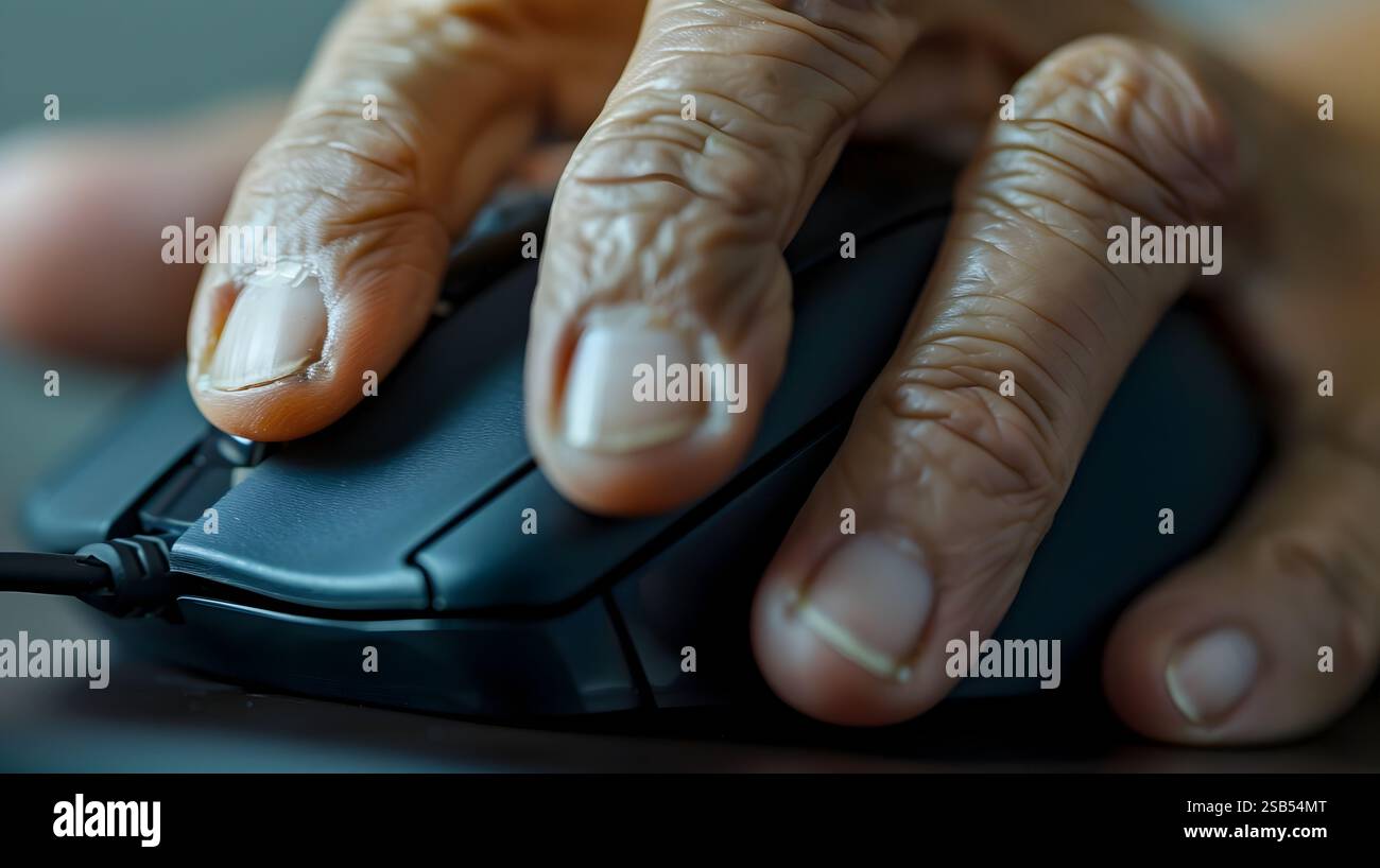 A close-up image revealing the painful interaction between a hand and a computer mouse ...