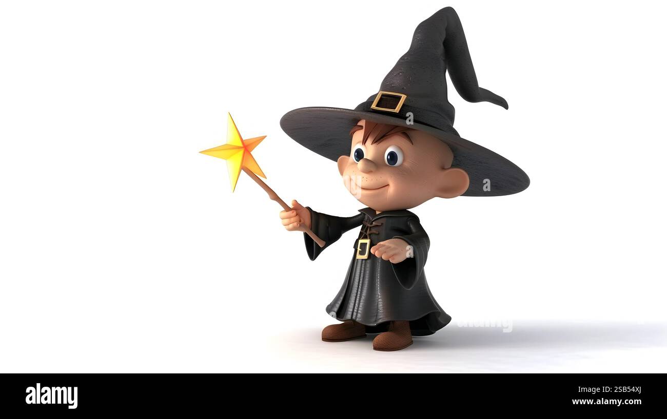 A delightful 3D showcasing a petite wizard apprentice, miniaturized by ...